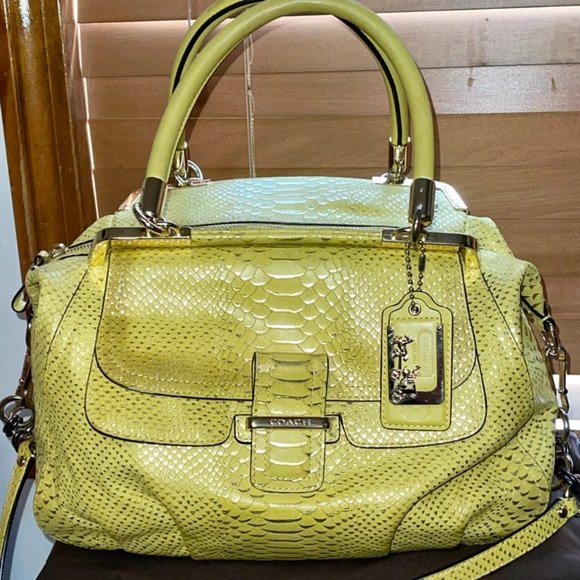 Bags | Coach Madison Pinnacle Embossed Python Lilly Yellow Metallic Gold Satchel 898 | Poshmark